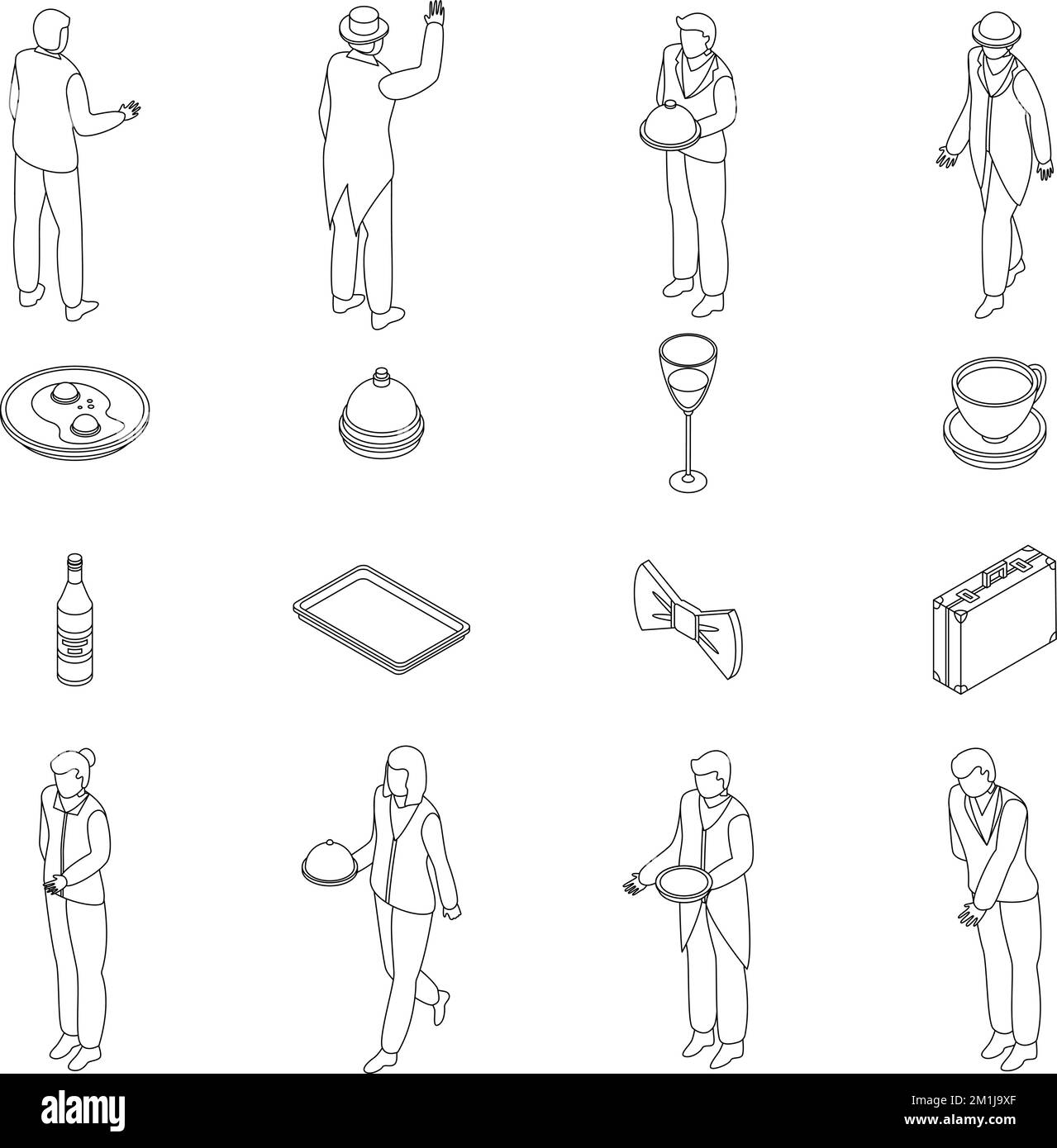 Butler icons set. Isometric set of butler vector icons outline on white ...