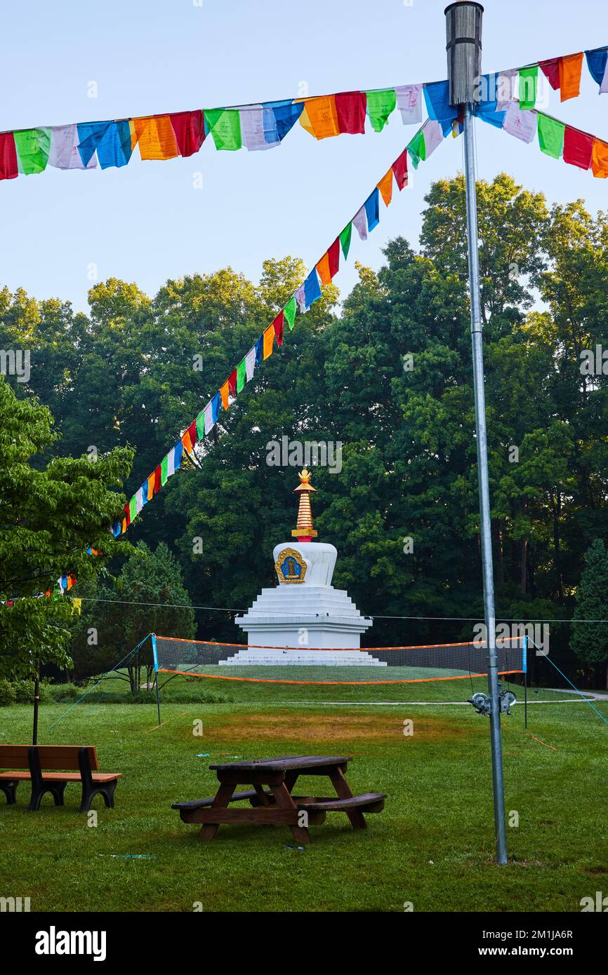 Prayer flags by Chorten monument shrine of Buddhist center Stock Photo ...