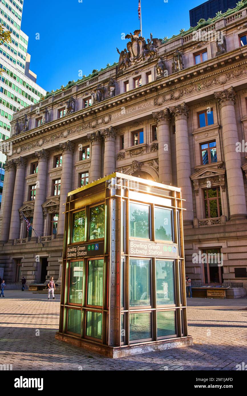 Subway entrance on surface small booth Bowling Green outside of huge ...