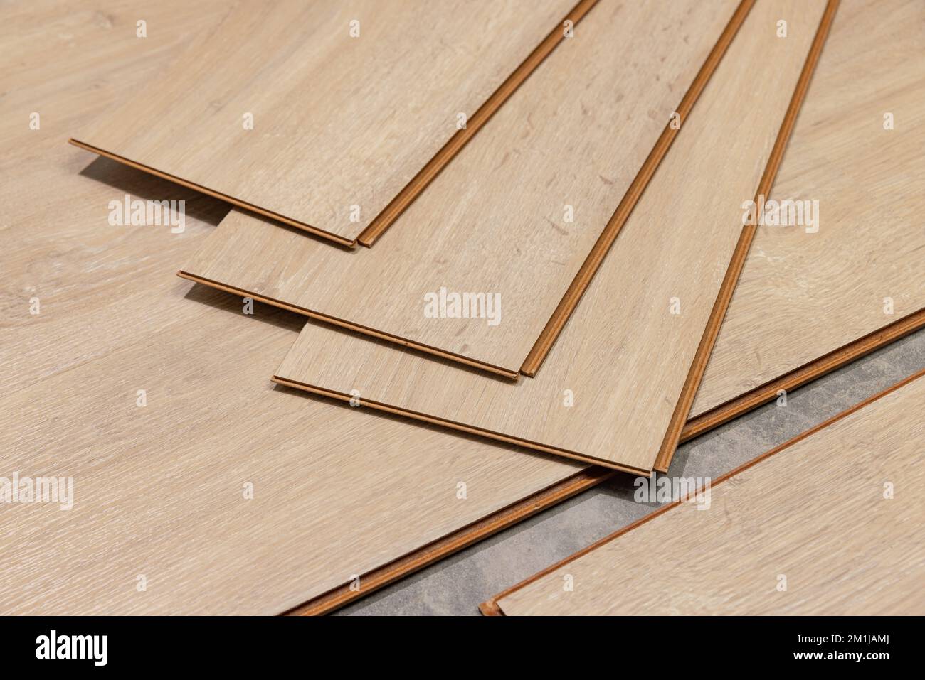 Worker Installing Interlocking laminate floor, home renovation Stock ...