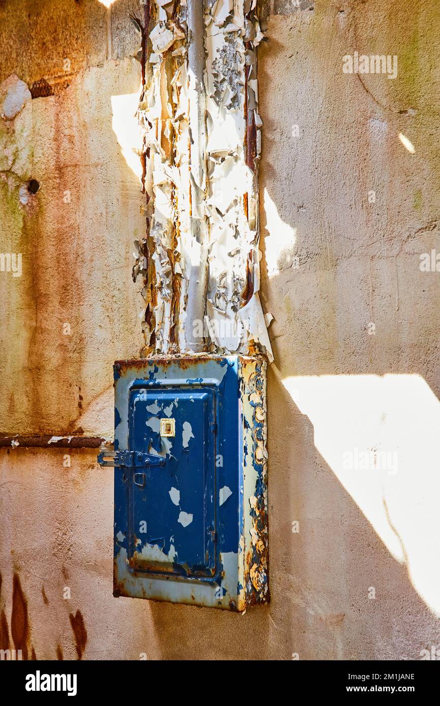 Abandoned plaster wall detail with blue peeling painted power box in ...