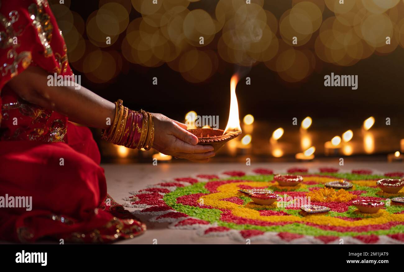 Traditional diya lamps lit during diwali celebration Stock Photo - Alamy
