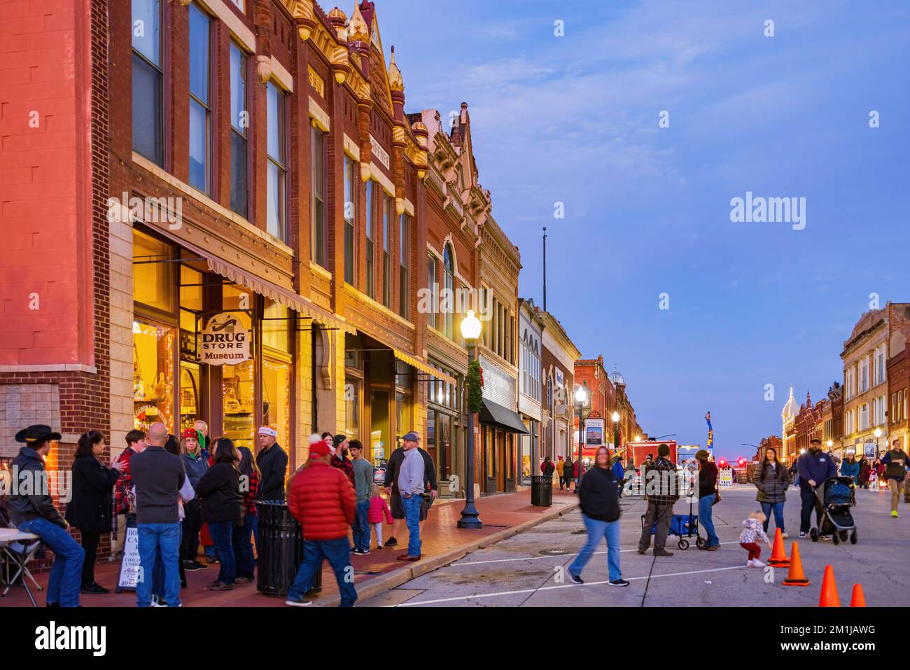 Oklahoma, DEC 10 2022 - Night view of the famous Guthrie Victorian walk ...