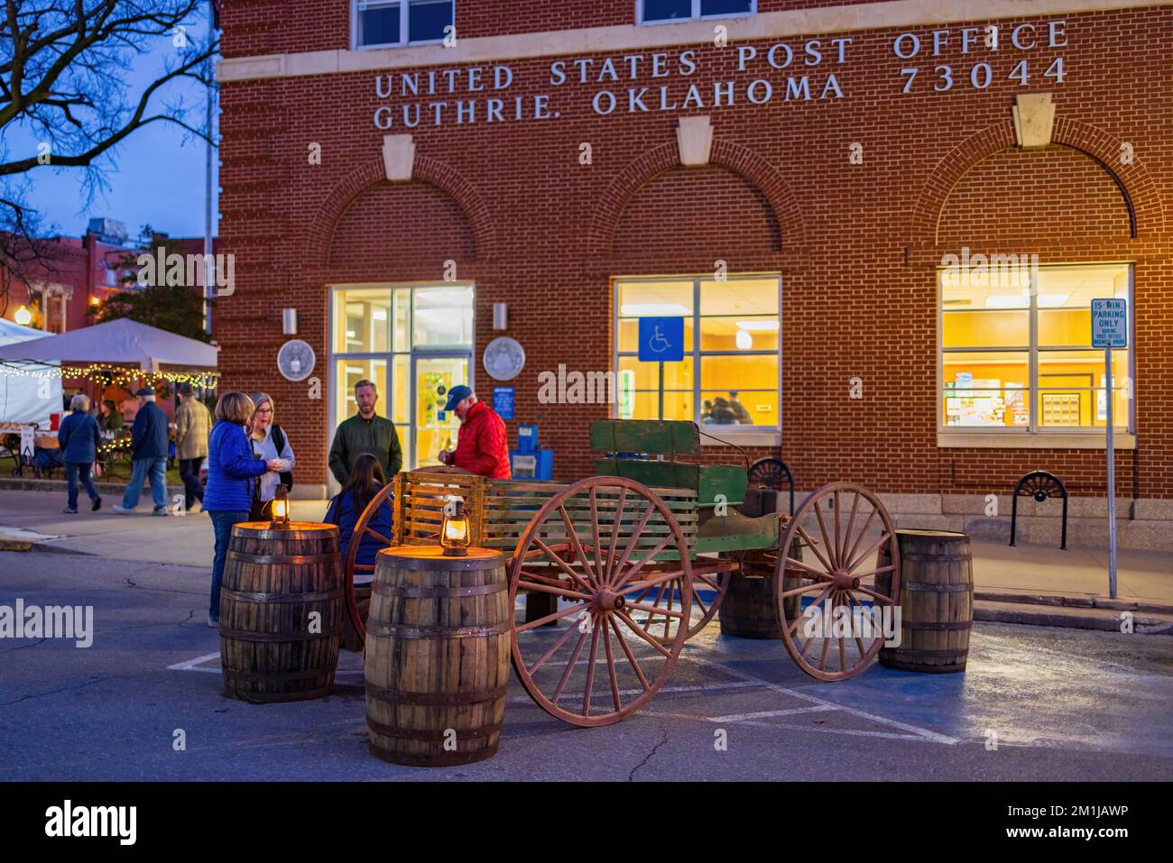 Oklahoma, DEC 10 2022 - Night view of the famous Guthrie Victorian walk ...