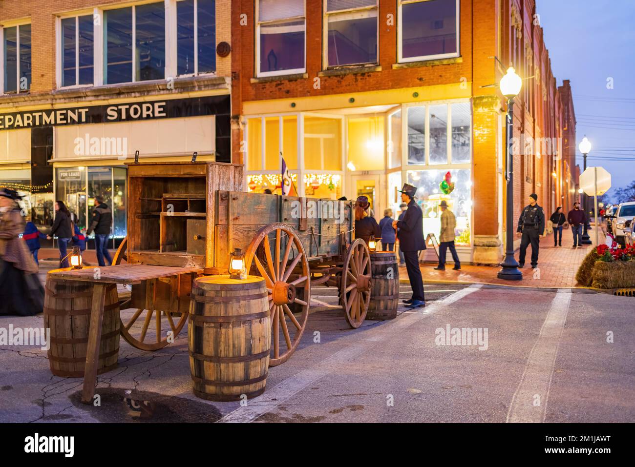Oklahoma, DEC 10 2022 - Night view of the famous Guthrie Victorian walk ...