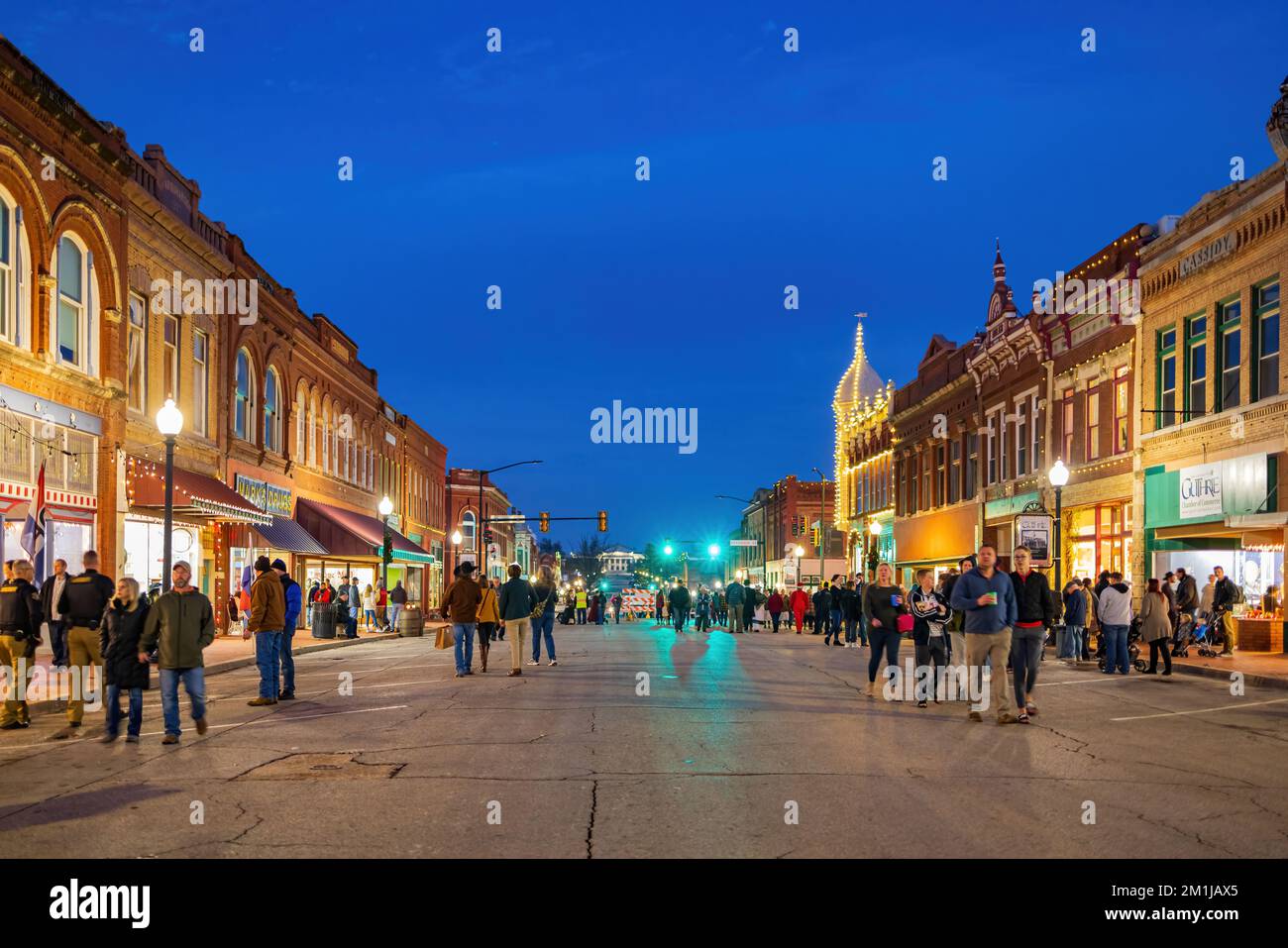 Oklahoma, DEC 10 2022 - Night view of the famous Guthrie Victorian walk ...