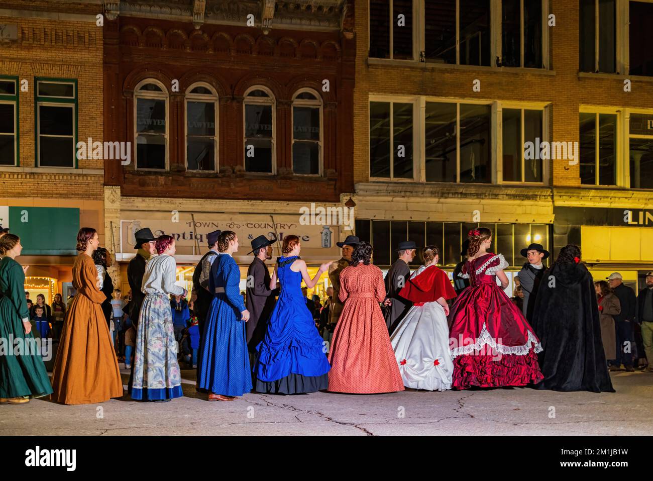 Oklahoma, DEC 10 2022 - Night view of the famous Guthrie Victorian walk ...