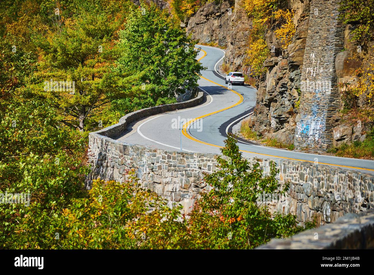 Road with stone wall winding through cliffs in forest Stock Photo - Alamy