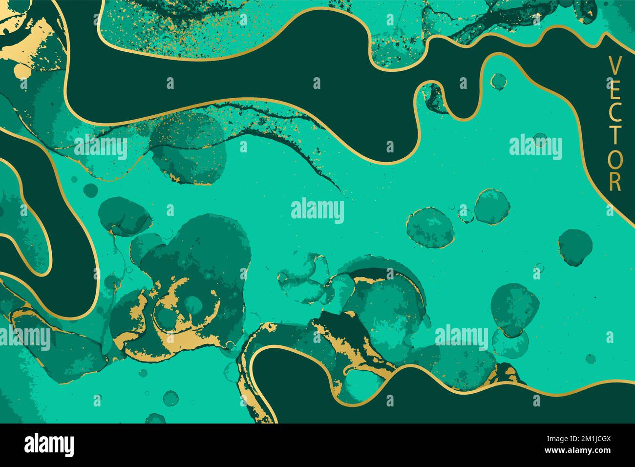 Deep Emerald Green Waves and Swirls with Golden Layers Vector Artwork ...
