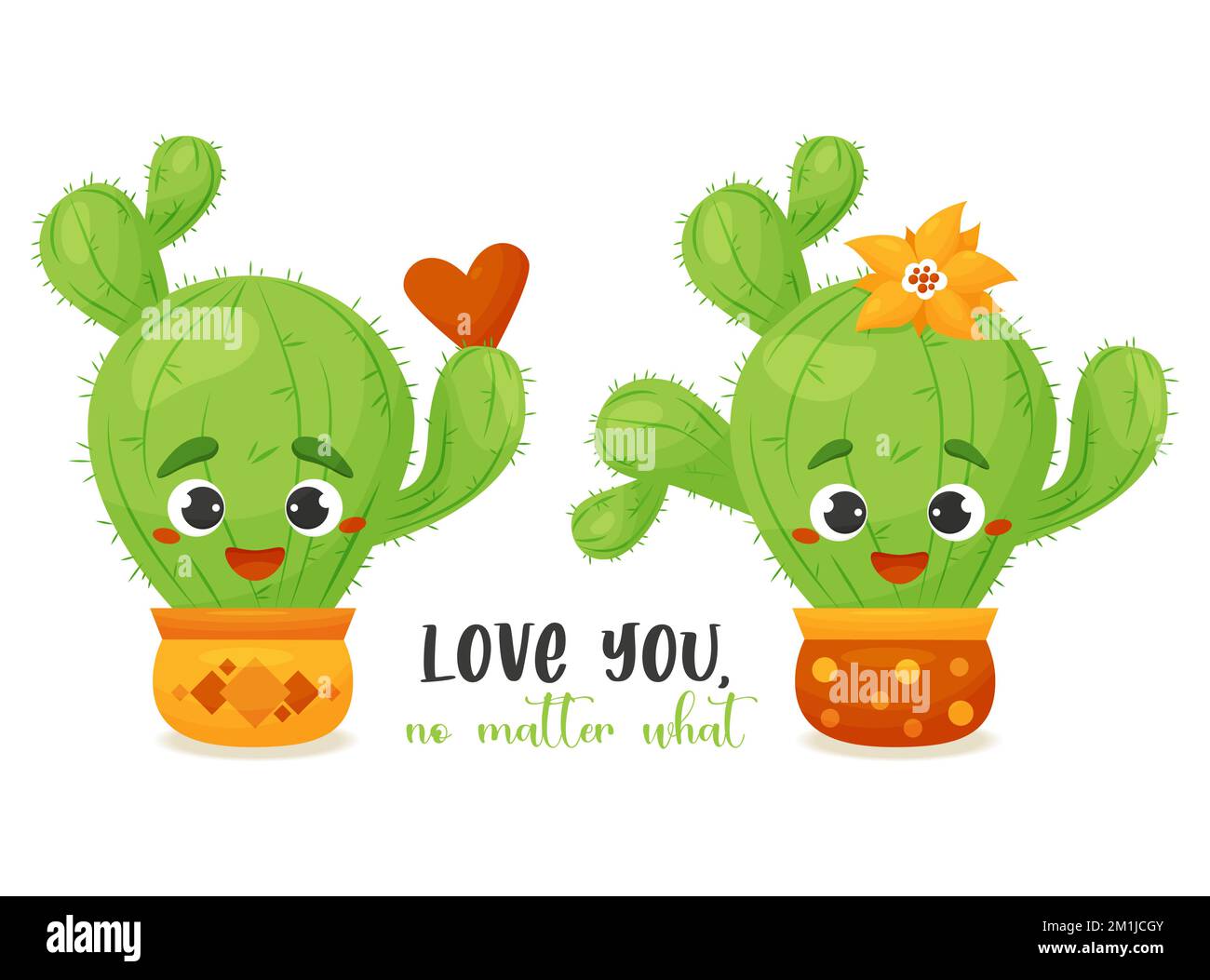 Pair of cute cacti characters in love in pots. Beautiful blooming ...