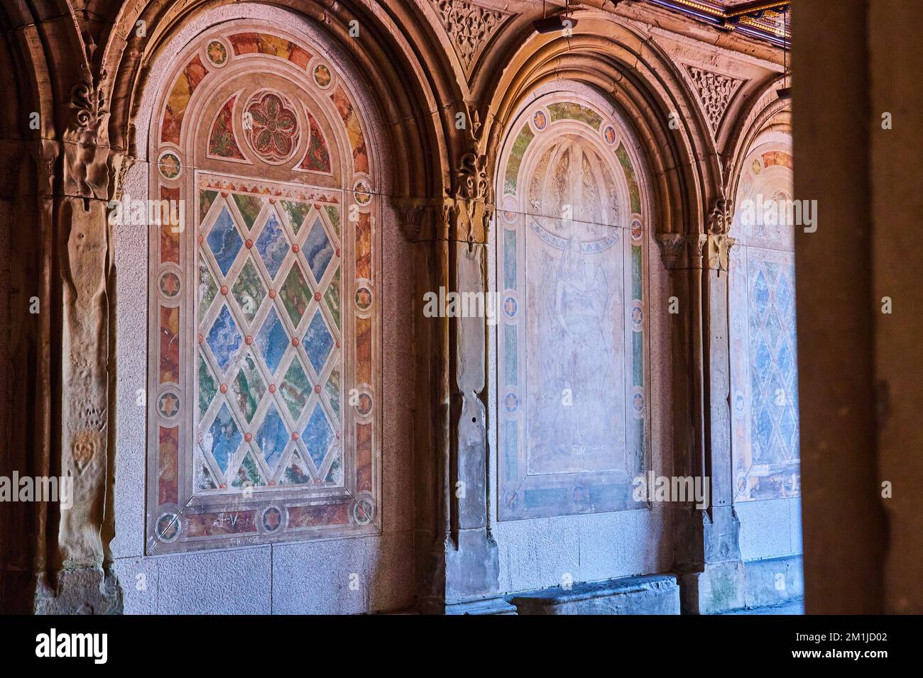Murals and limestone walls old style in Central Park New York City ...