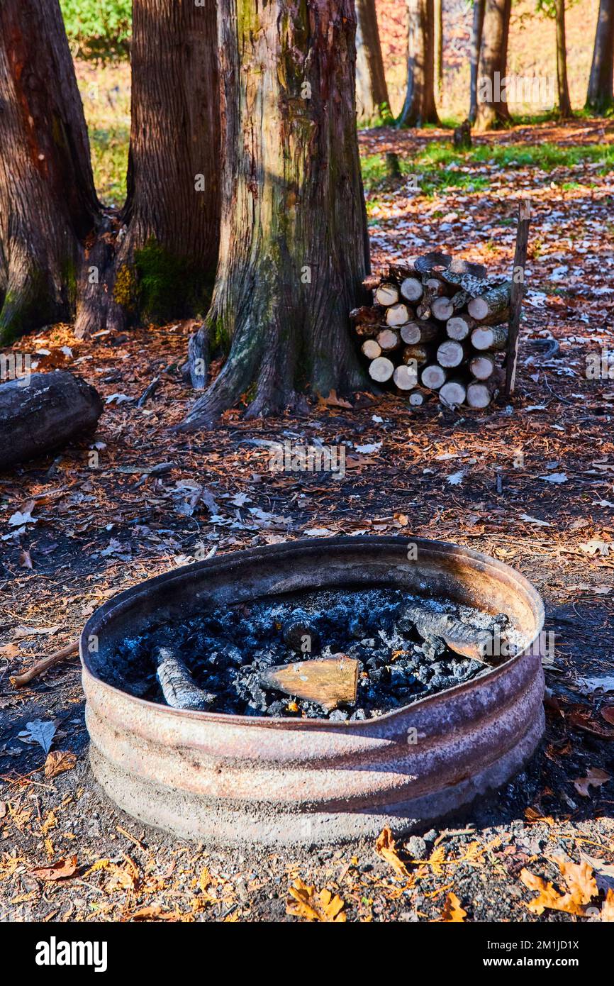 Park campground with simple firepit ring and wood stockpile during late ...