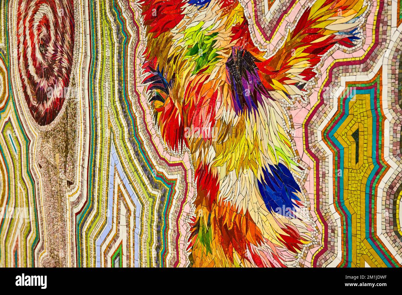 Vibrant colorful mosaic art on wall from angle in New York City subway ...
