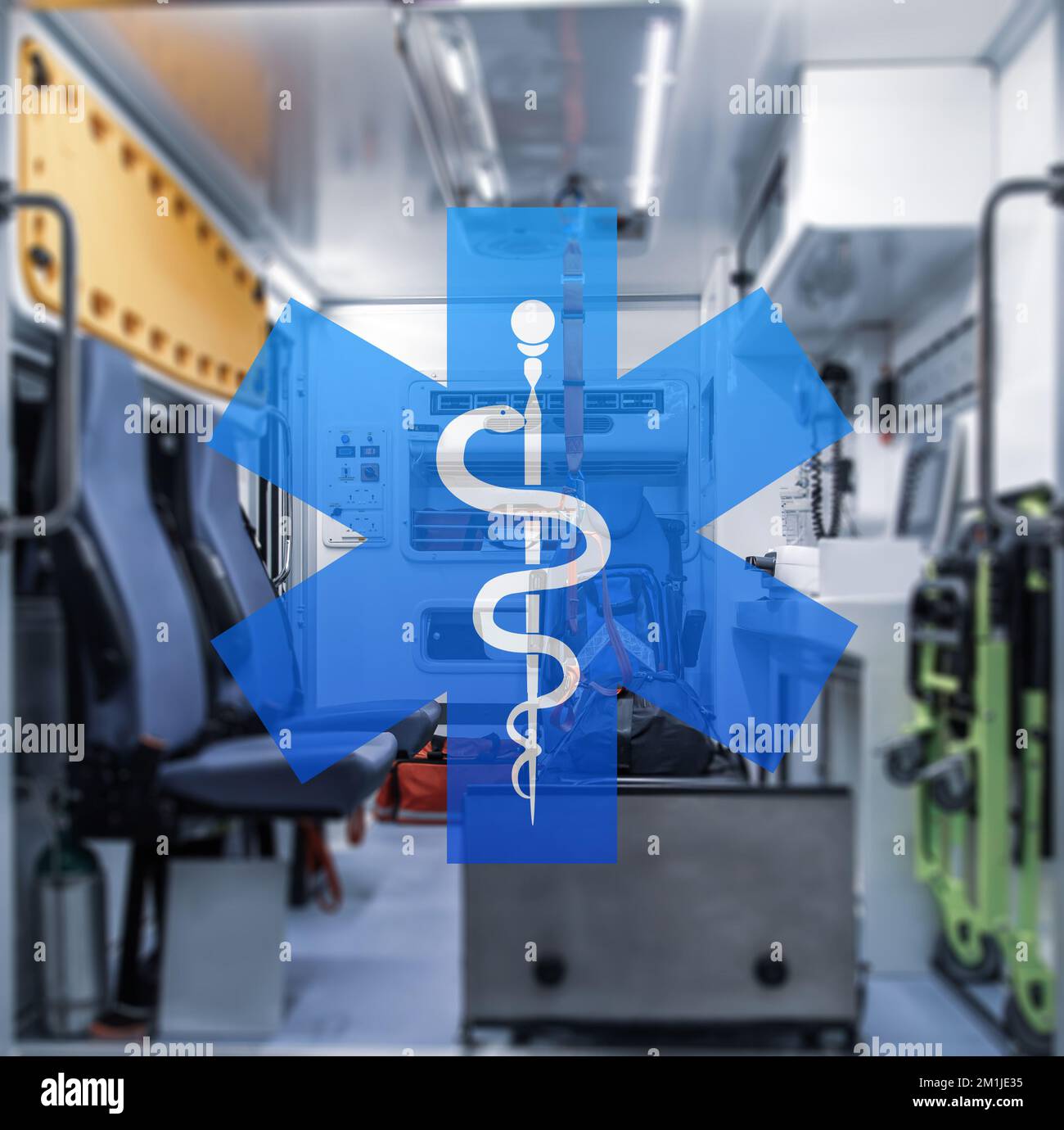 Interior of an ambulance with bed and patient care equipment ...