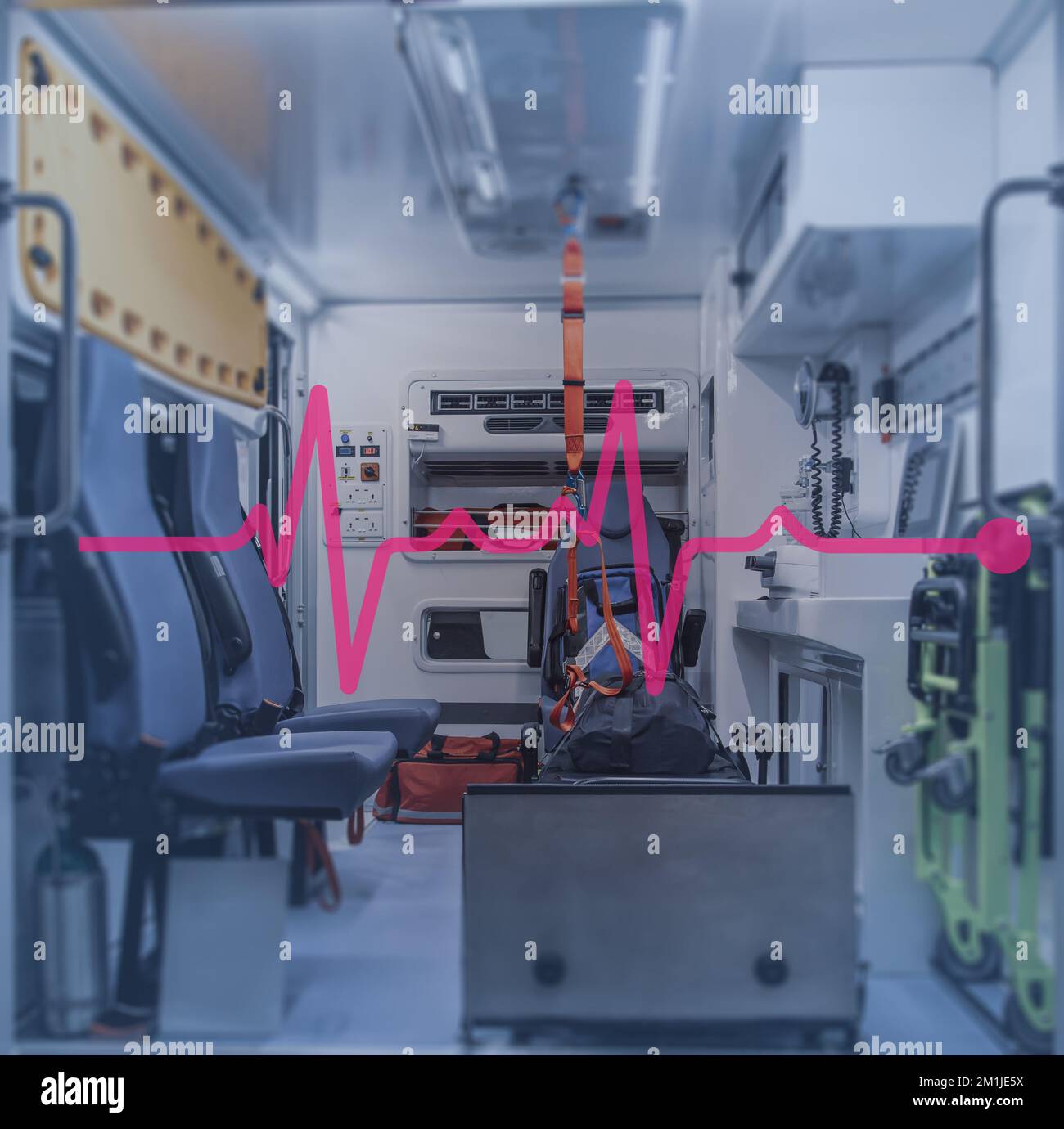 Interior of an ambulance with bed and patient care equipment ...
