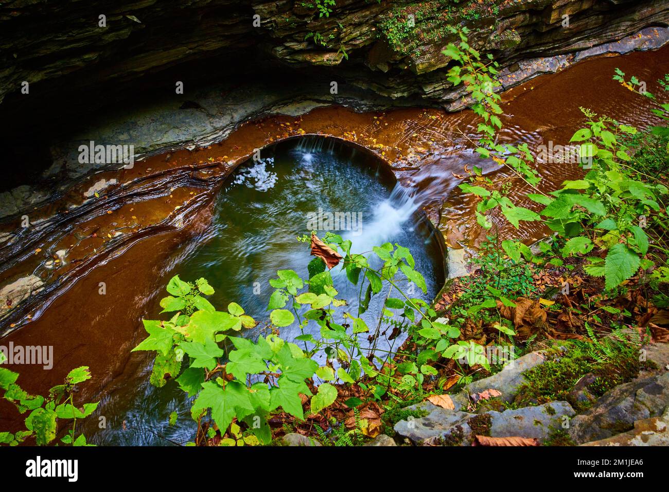 Looking down at river and small waterfall carving circles into rocks of ...