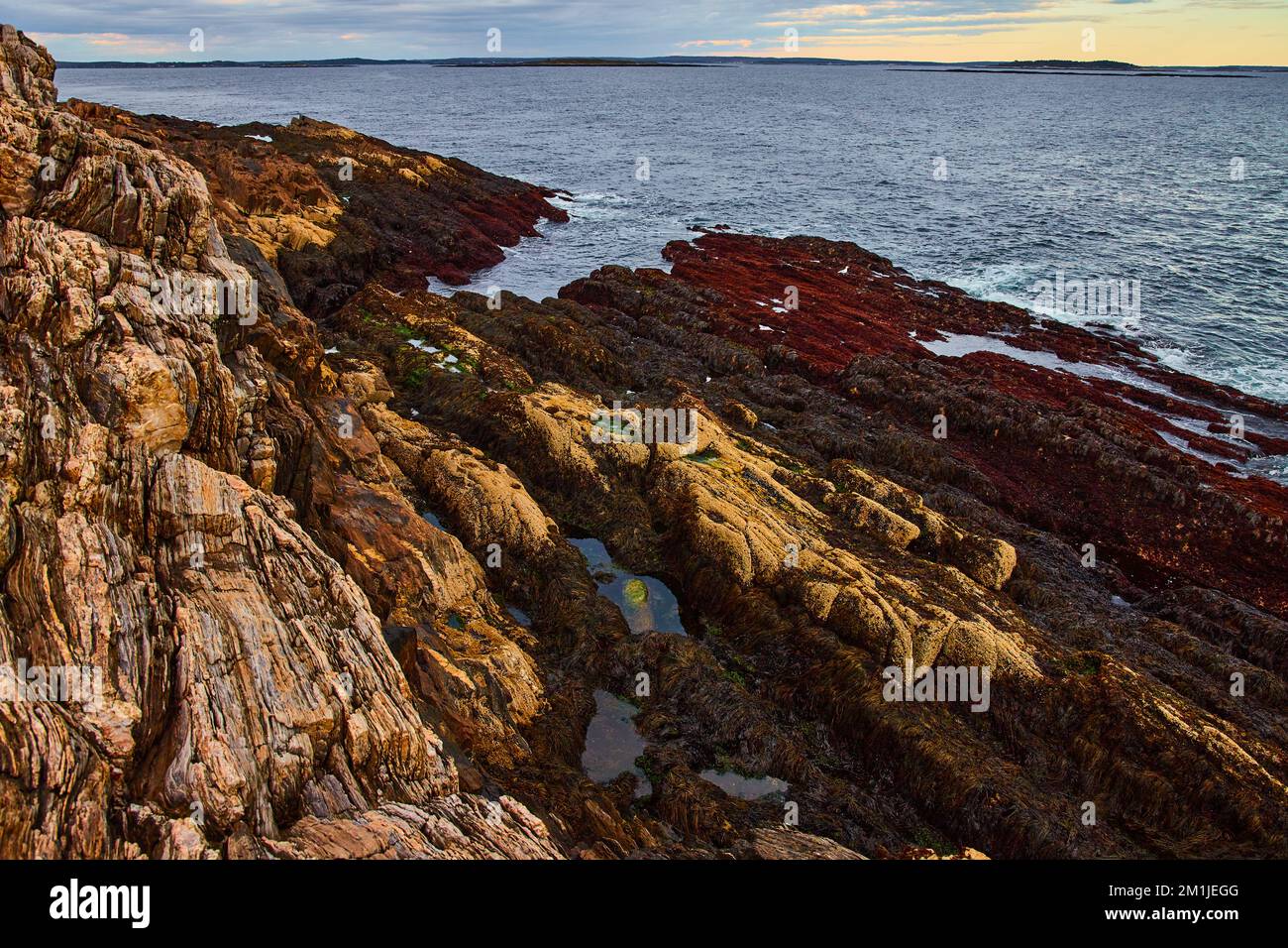 Ocean waves at low tide next to Maine coastline of rocky cliffs and ...