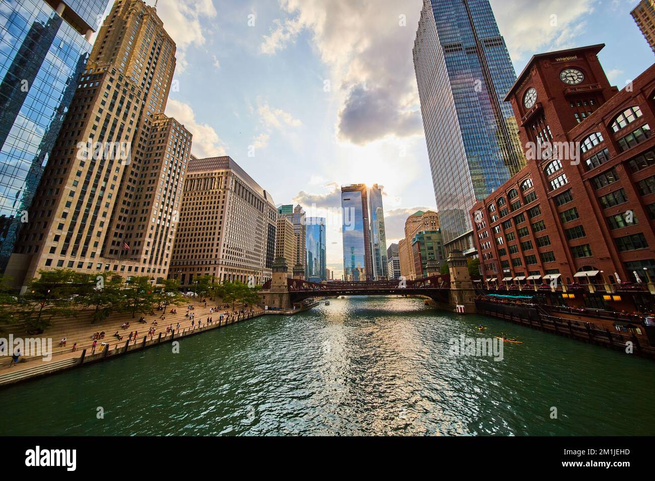 Large American city ship canal river lined with huge skyscrapers Stock ...
