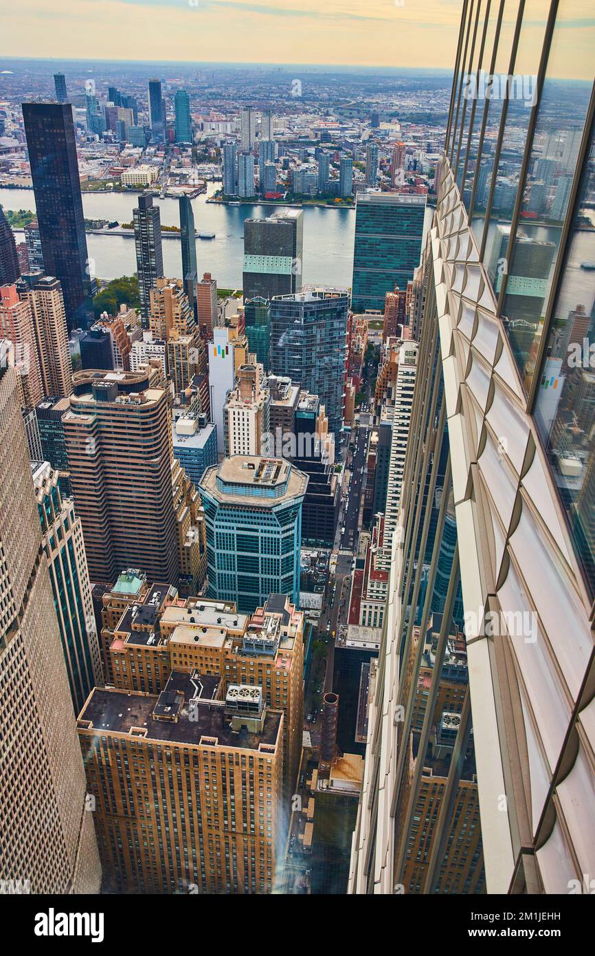 High in skyscraper showing outside walls and overlooking New York City ...