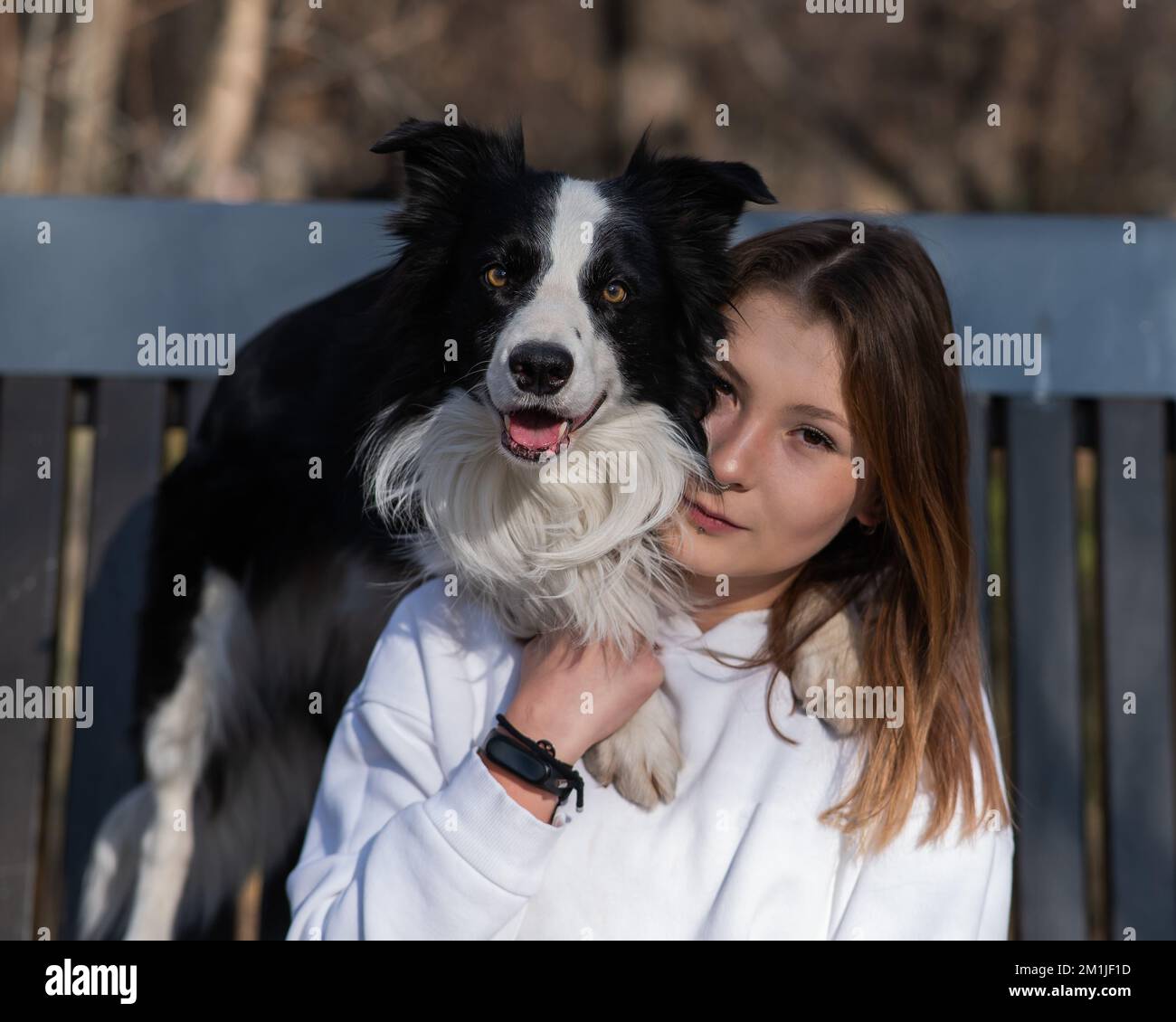 Caucasian woman hugging her dog Border Collie while sitting on a bench ...