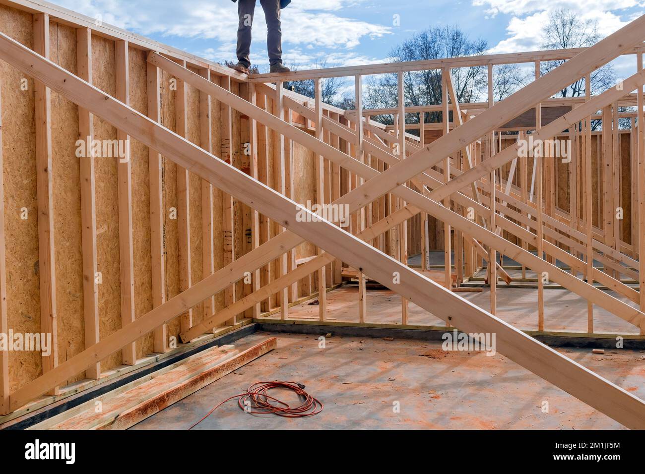 In construction of new house wood framing beams house are process being installed Stock Photo ...
