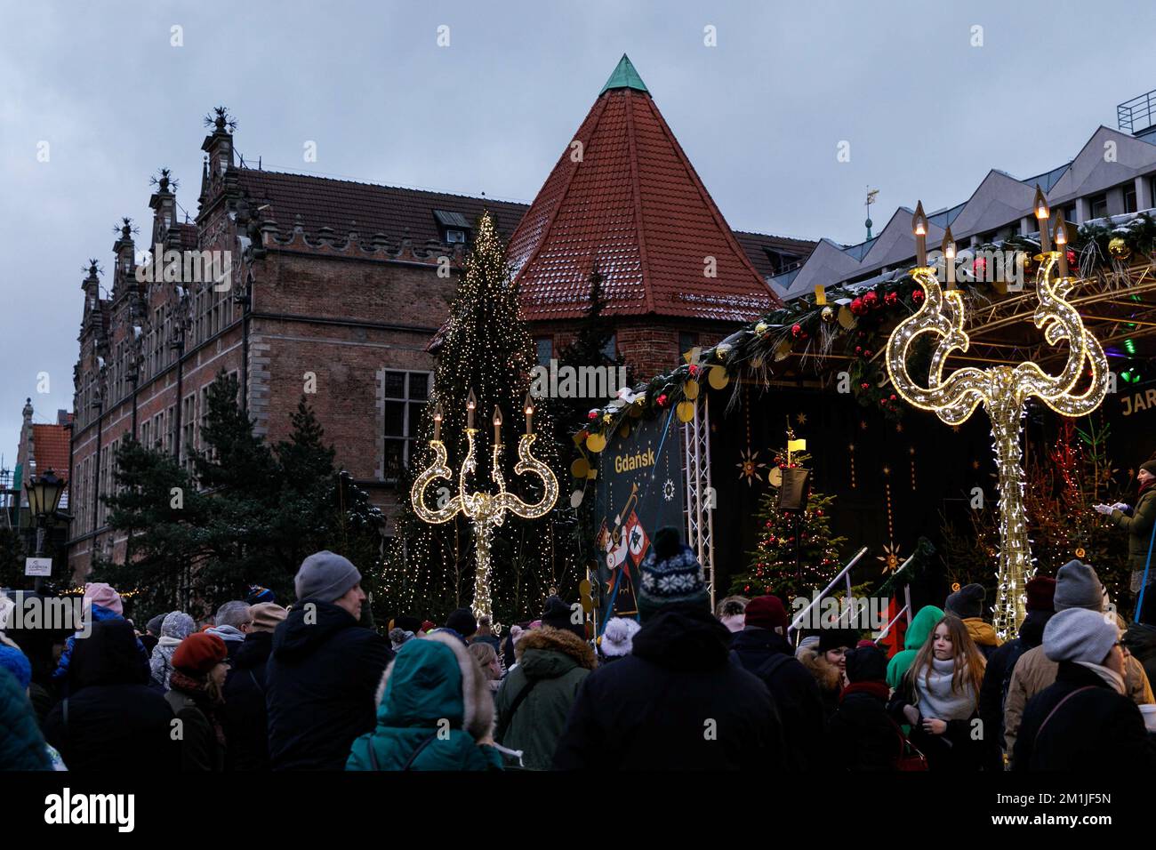 A view of a Christmas tree and decorations at the Gdansk Christmas Fair ...
