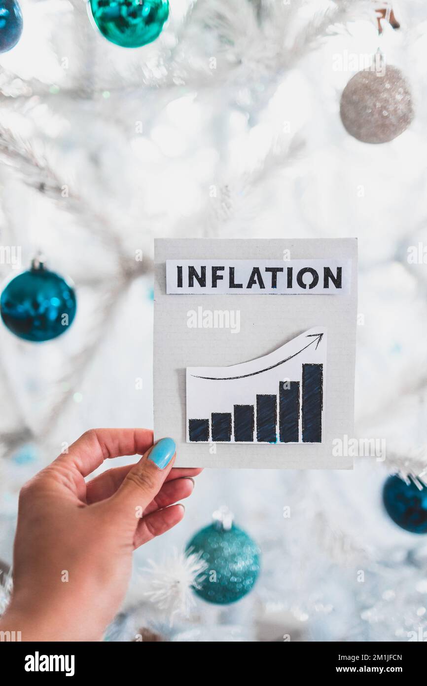 Inflation text and graph with growing stats in front of Christmas tree ...