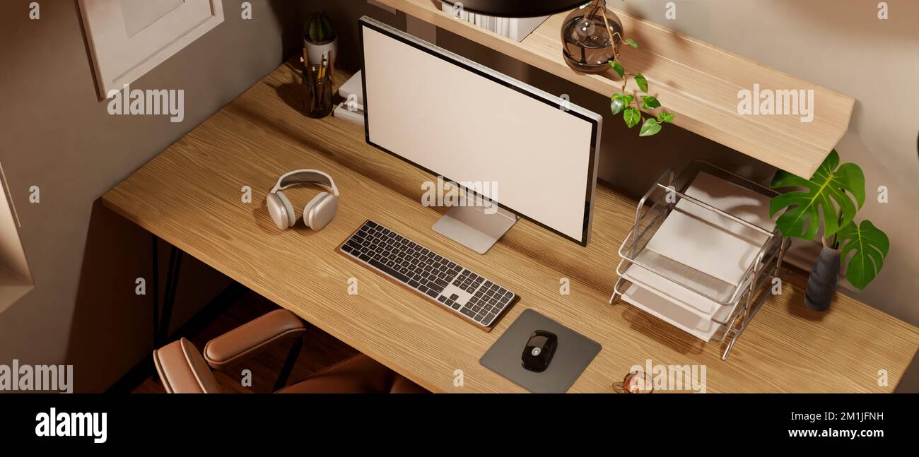 top view, Comfortable and minimal wood workstation with PC desktop ...
