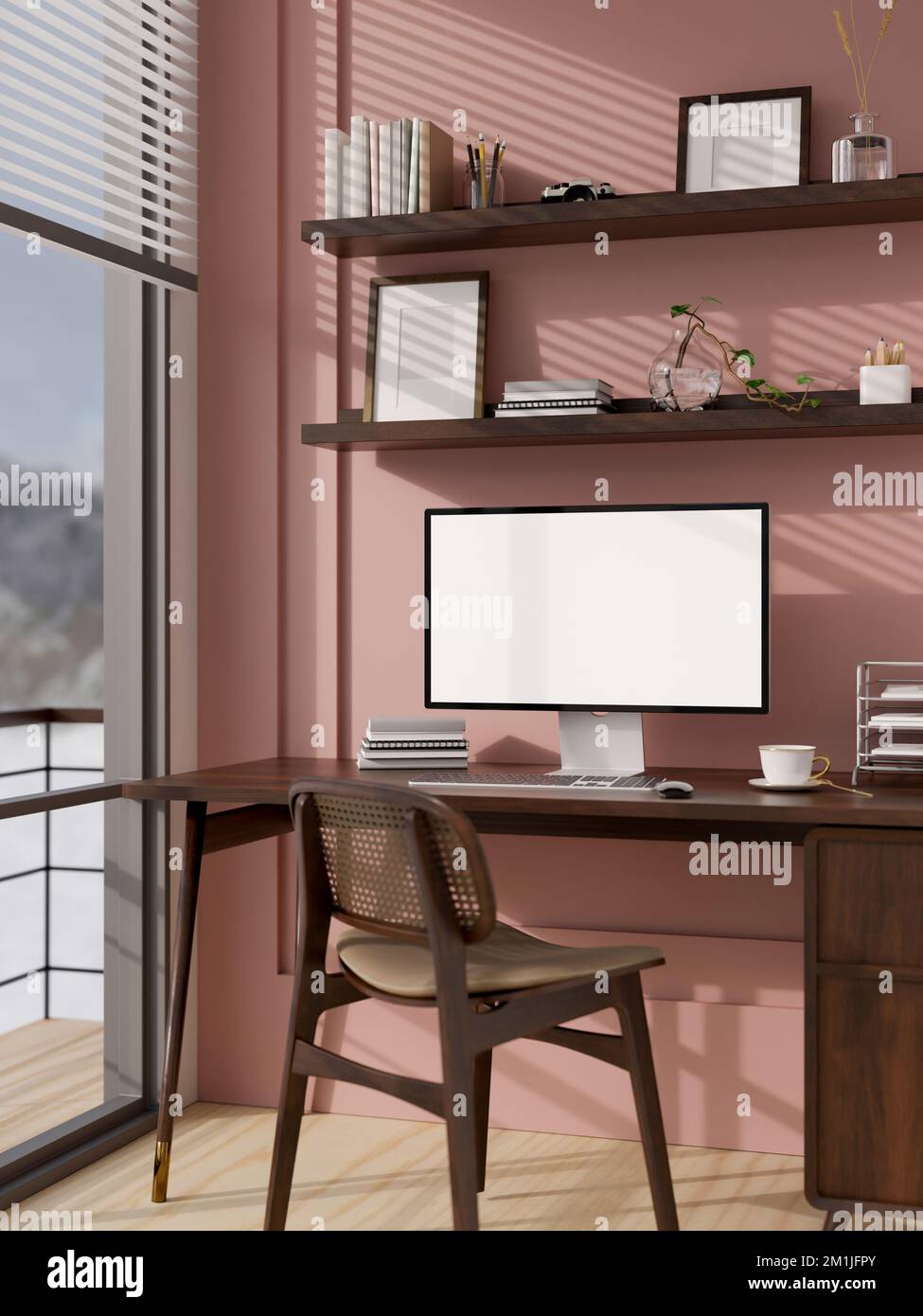 Stylish pink home working room interior design with computer blank ...