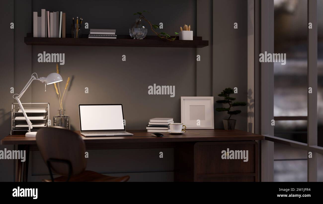 Modern dark office working space at night with laptop white screen ...