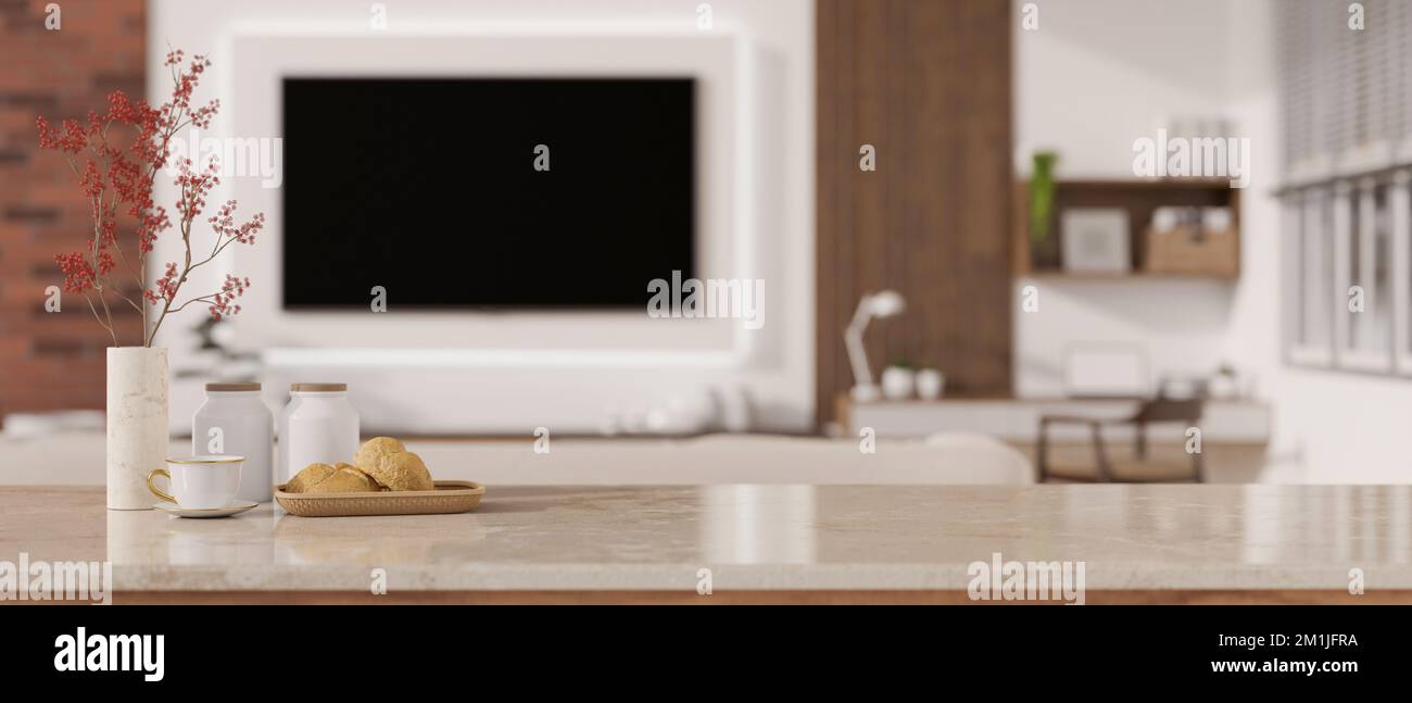 White marble kitchen tabletop or kitchen island with bread basket ...