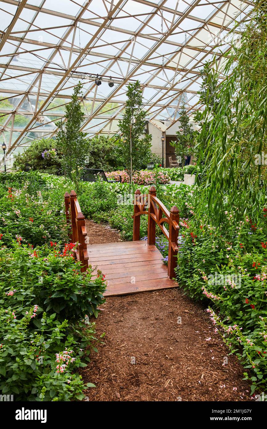 Small wood walking bridge on path inside botanical gardens with glass ...