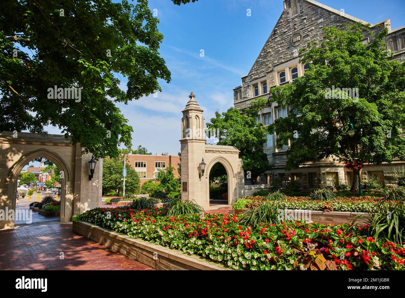 Summer flowers surround Sample Gates at Bloomington Indiana University ...
