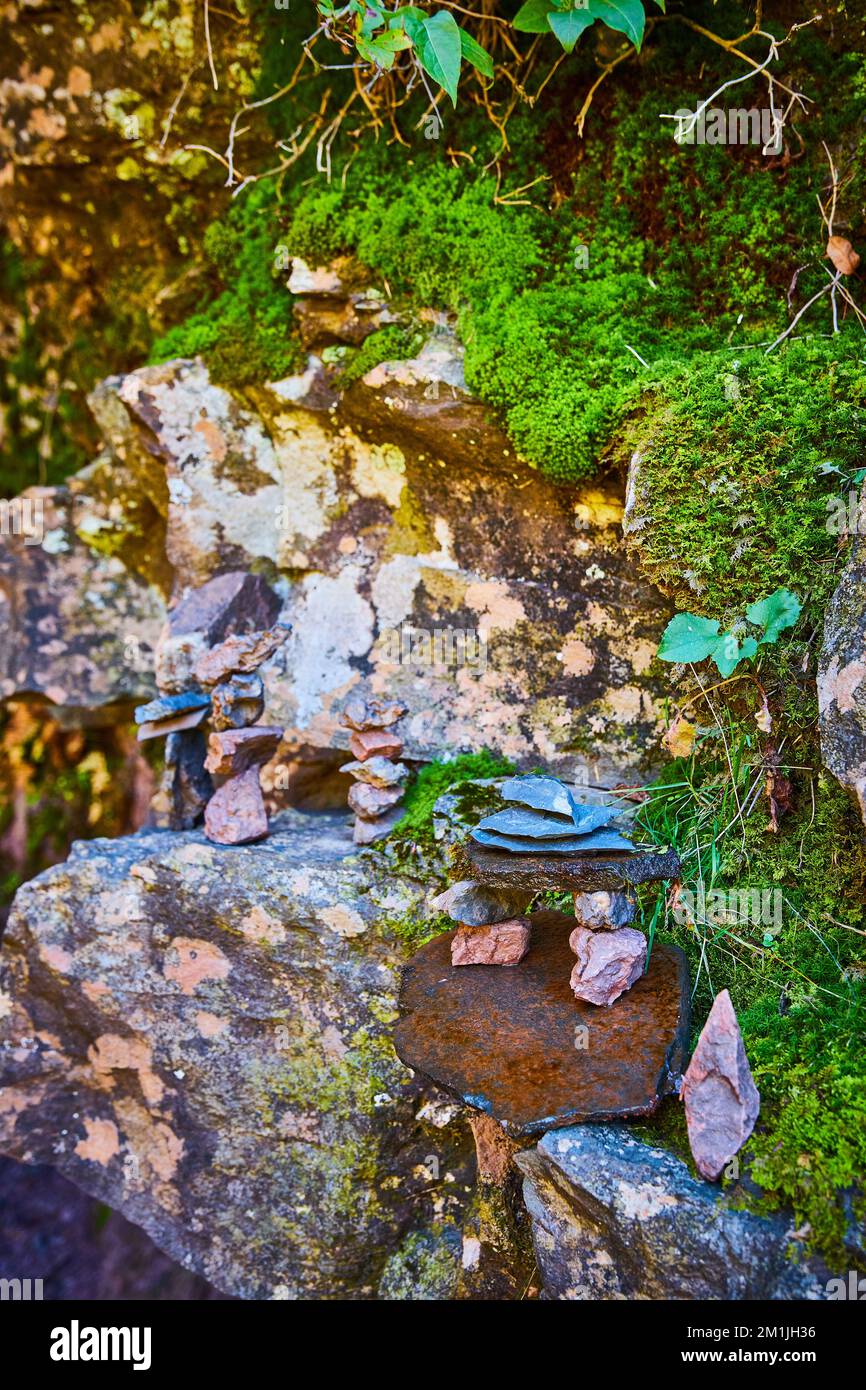Beautiful collection of small rock stacks in scene of moss and lichen ...
