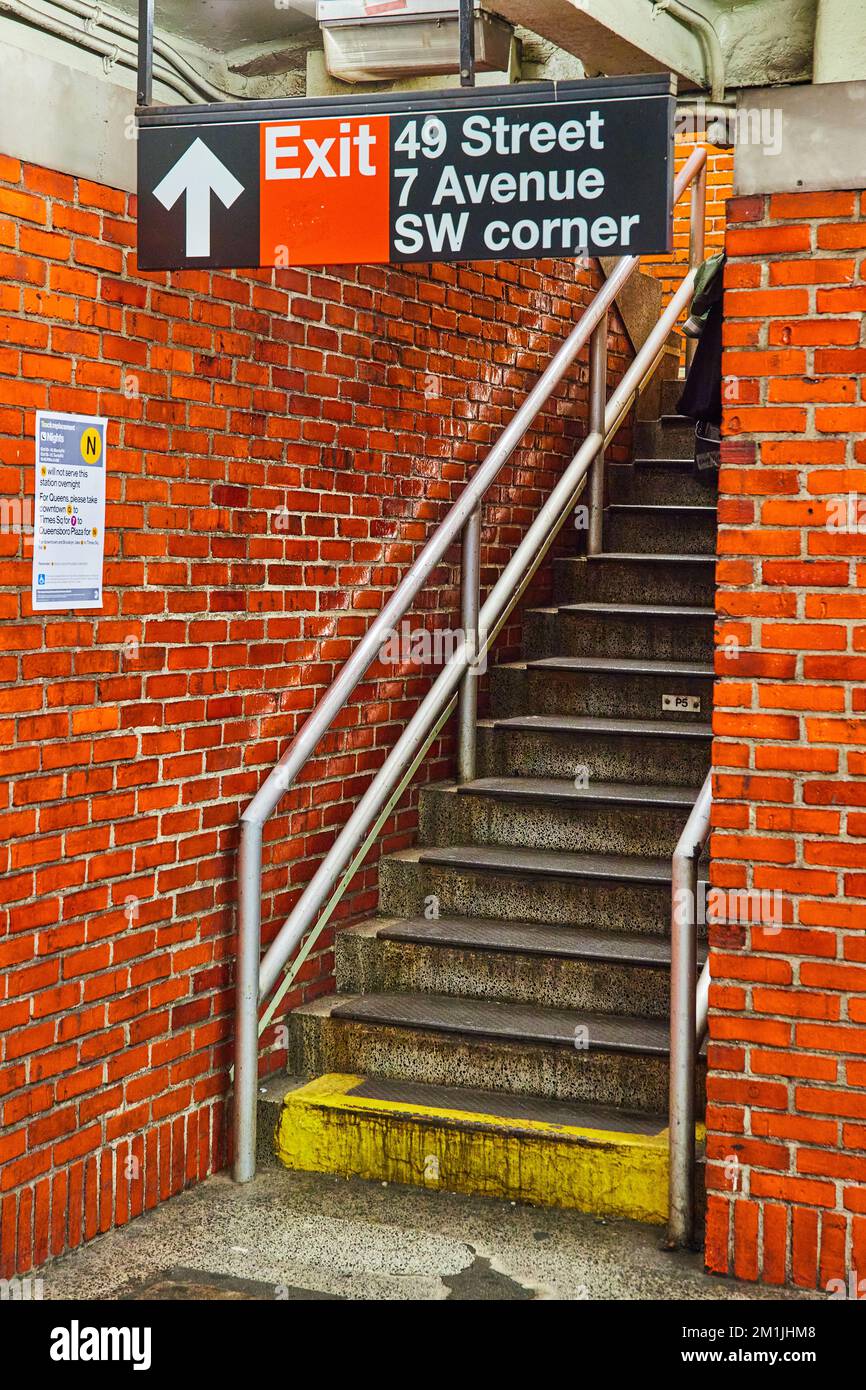 New York City subway staircase exit 49 Street 7 Avenue with orange ...