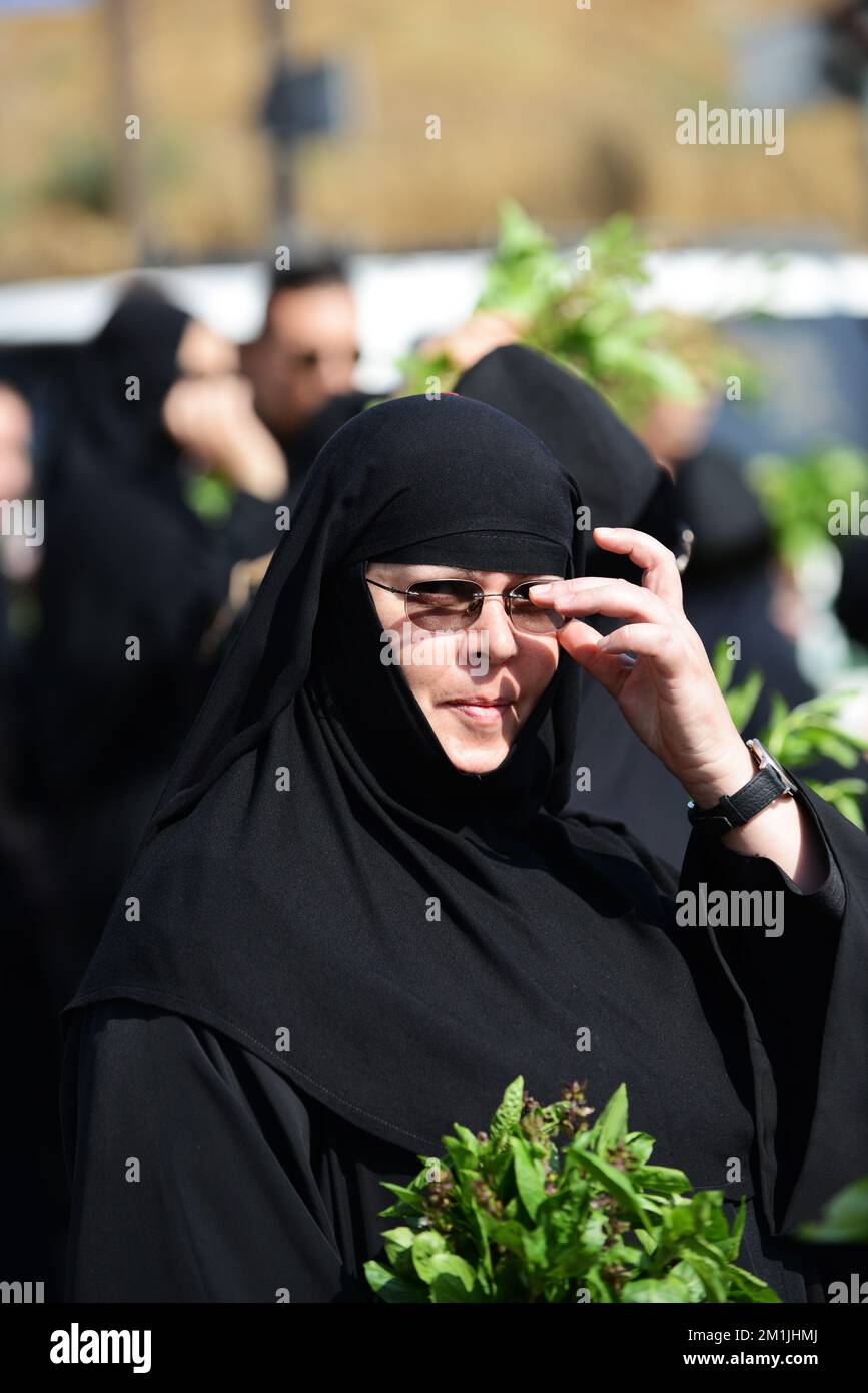 Orthodox Christian nuns walking in a procession from Tomb of the Virgin ...