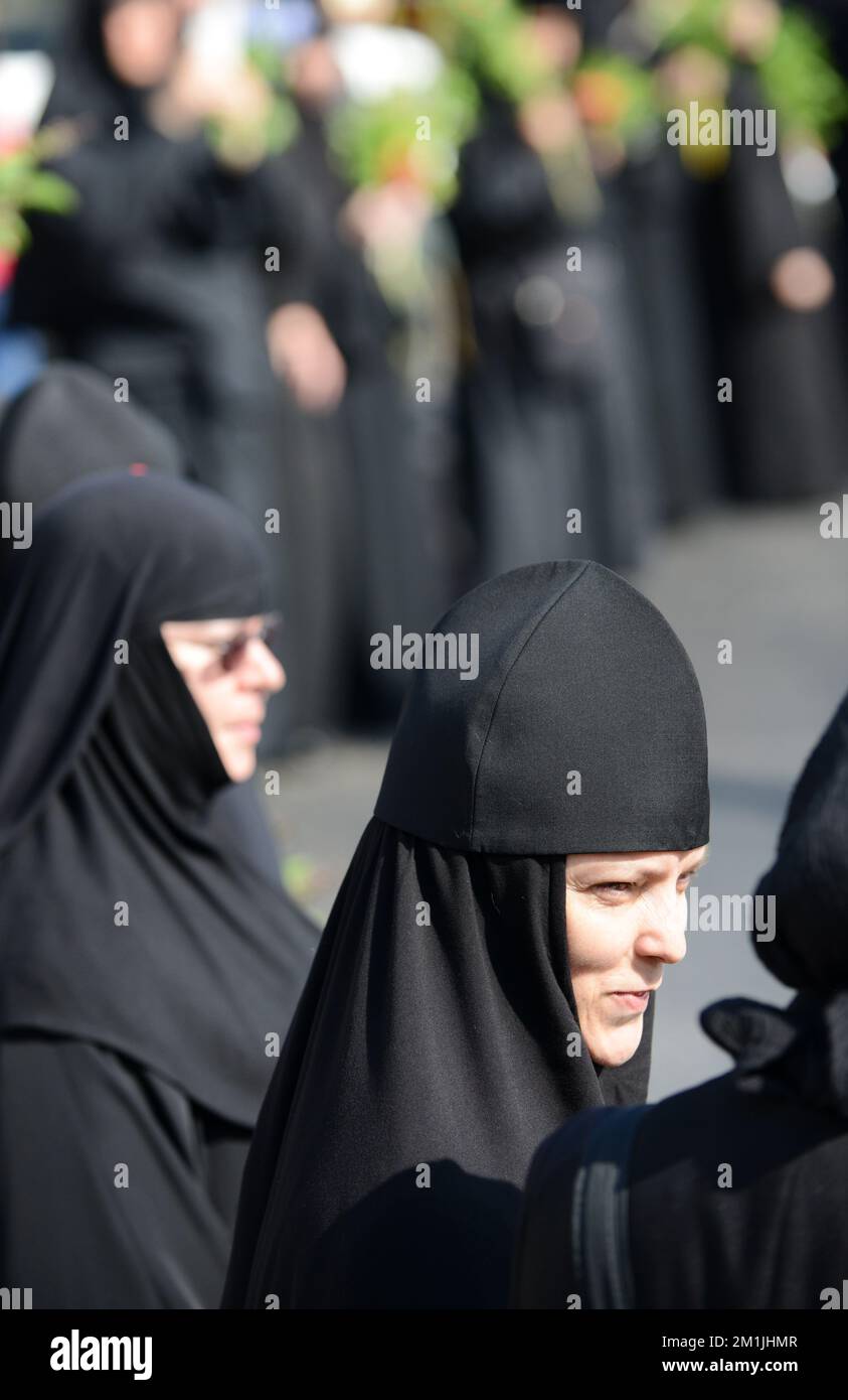 Orthodox Christian nuns walking in a procession from Tomb of the Virgin ...