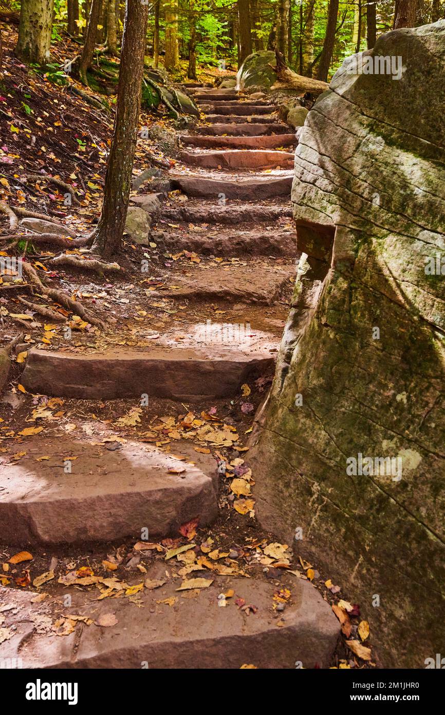 Stone steps with boulders in hiking trail winding up through fall ...