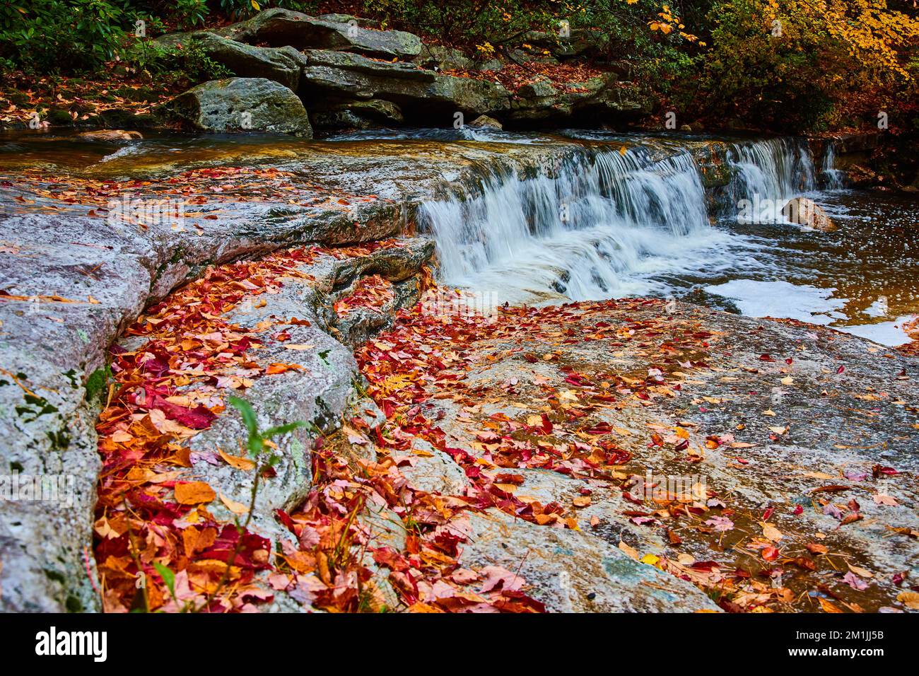 Fall leaves cover layers of rocks by small waterfall in river Stock ...