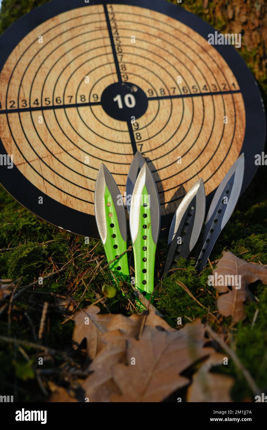 Sport and hobby.Throwing knives black and green color set and wooden ...