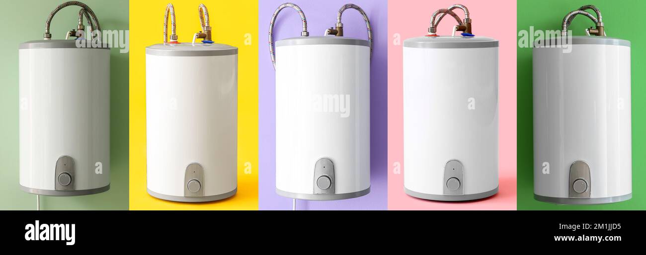 Collage of modern electric boiler on color background Stock Photo - Alamy
