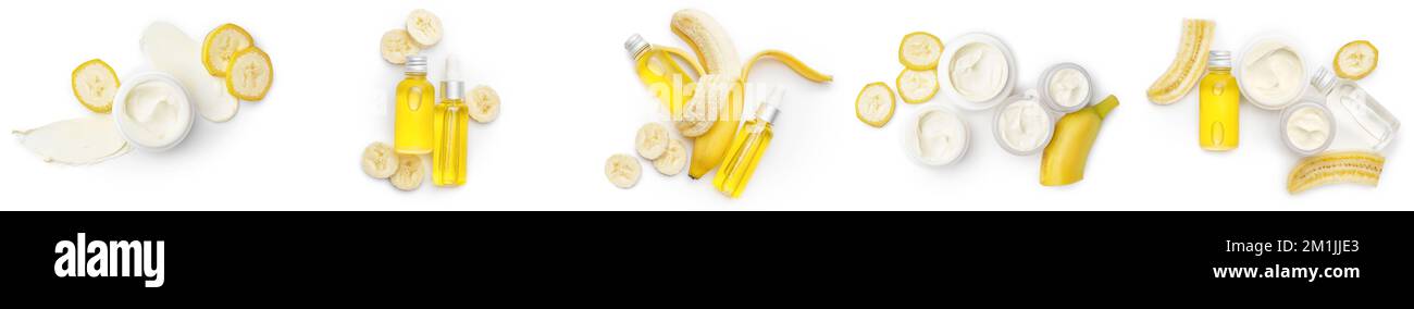 Collage on natural banana cosmetics on white background, top view Stock ...