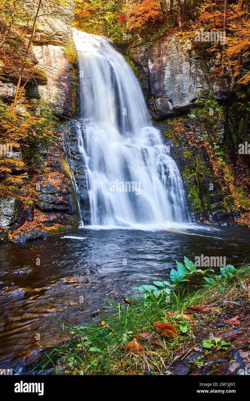 Riverbank under raging waterfall over cliffs in peak fall with yellow ...