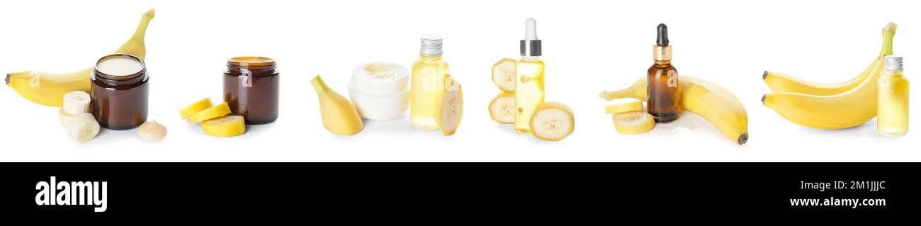 Collage on natural banana cosmetics on white background Stock Photo - Alamy