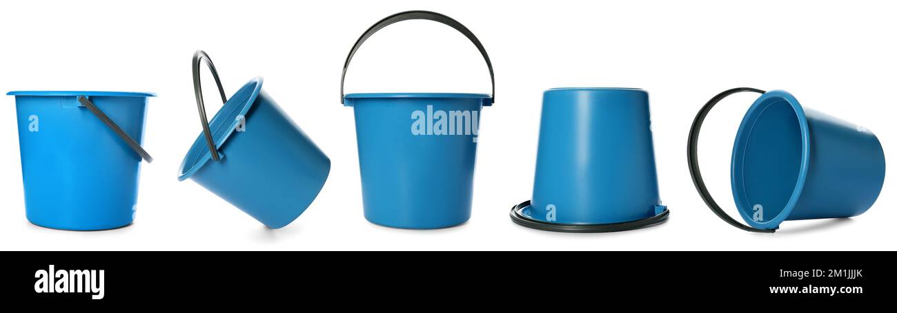 Collage of blue plastic bucket on white background Stock Photo - Alamy