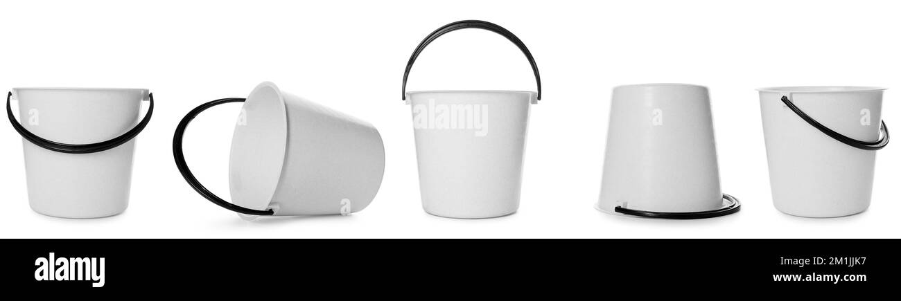 Collage of plastic bucket on white background Stock Photo - Alamy