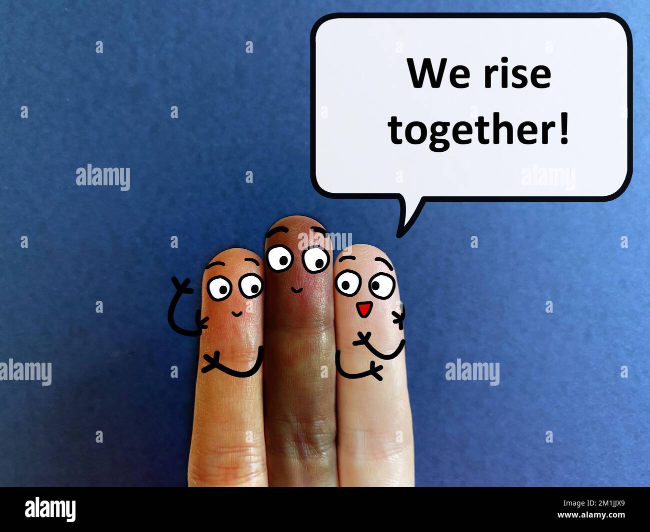 Three fingers are decorated as three person. They have different skin ...