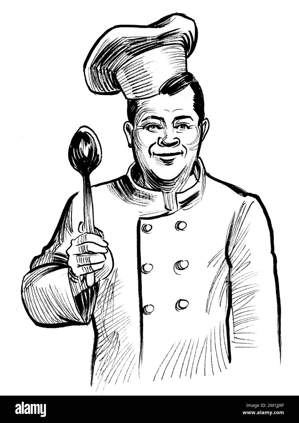 Restaurant chef with a spoon. Ink black and white drawing Stock Photo ...