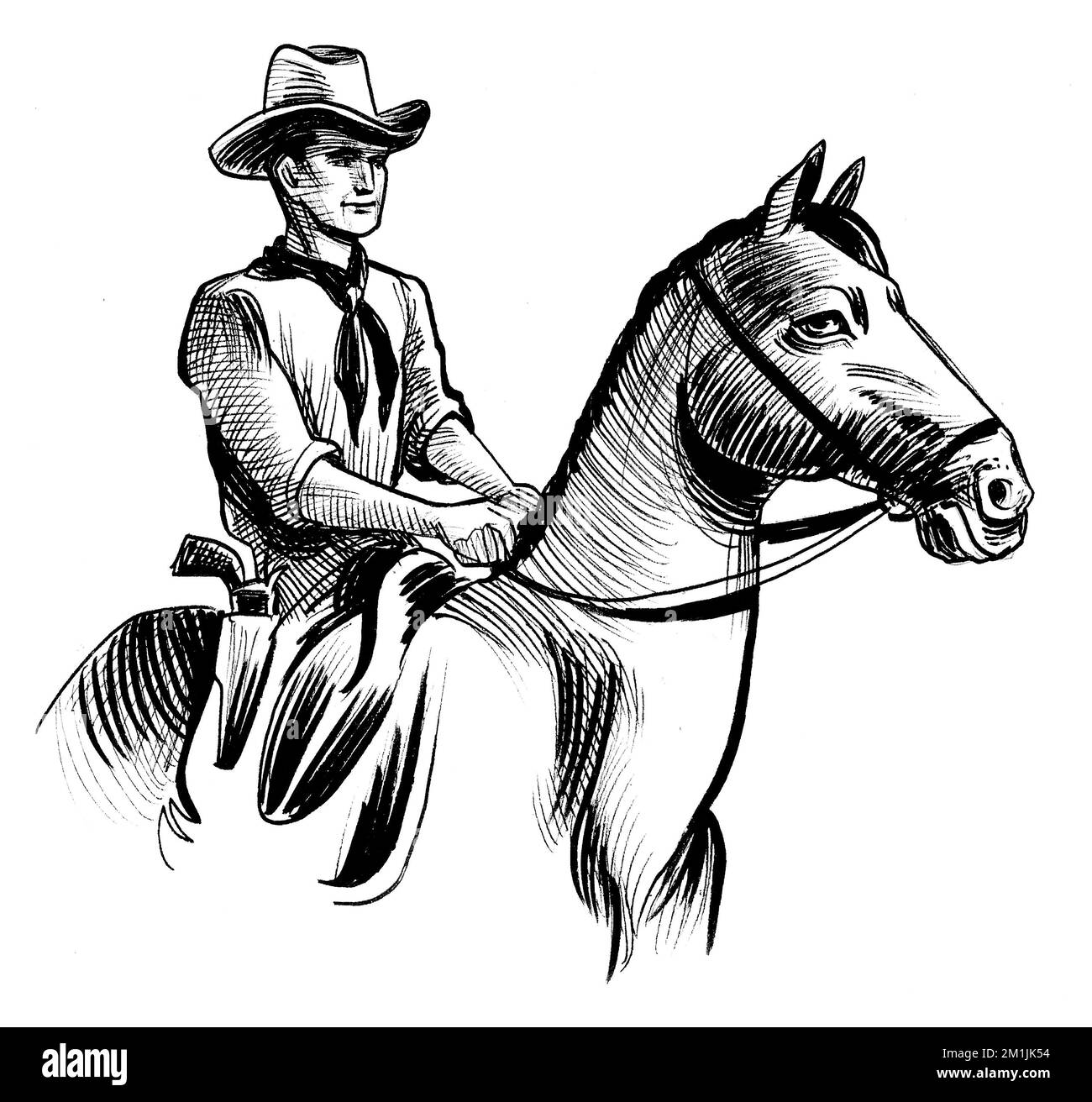 Cowboy riding a horse. Ink black and white drawing Stock Photo - Alamy