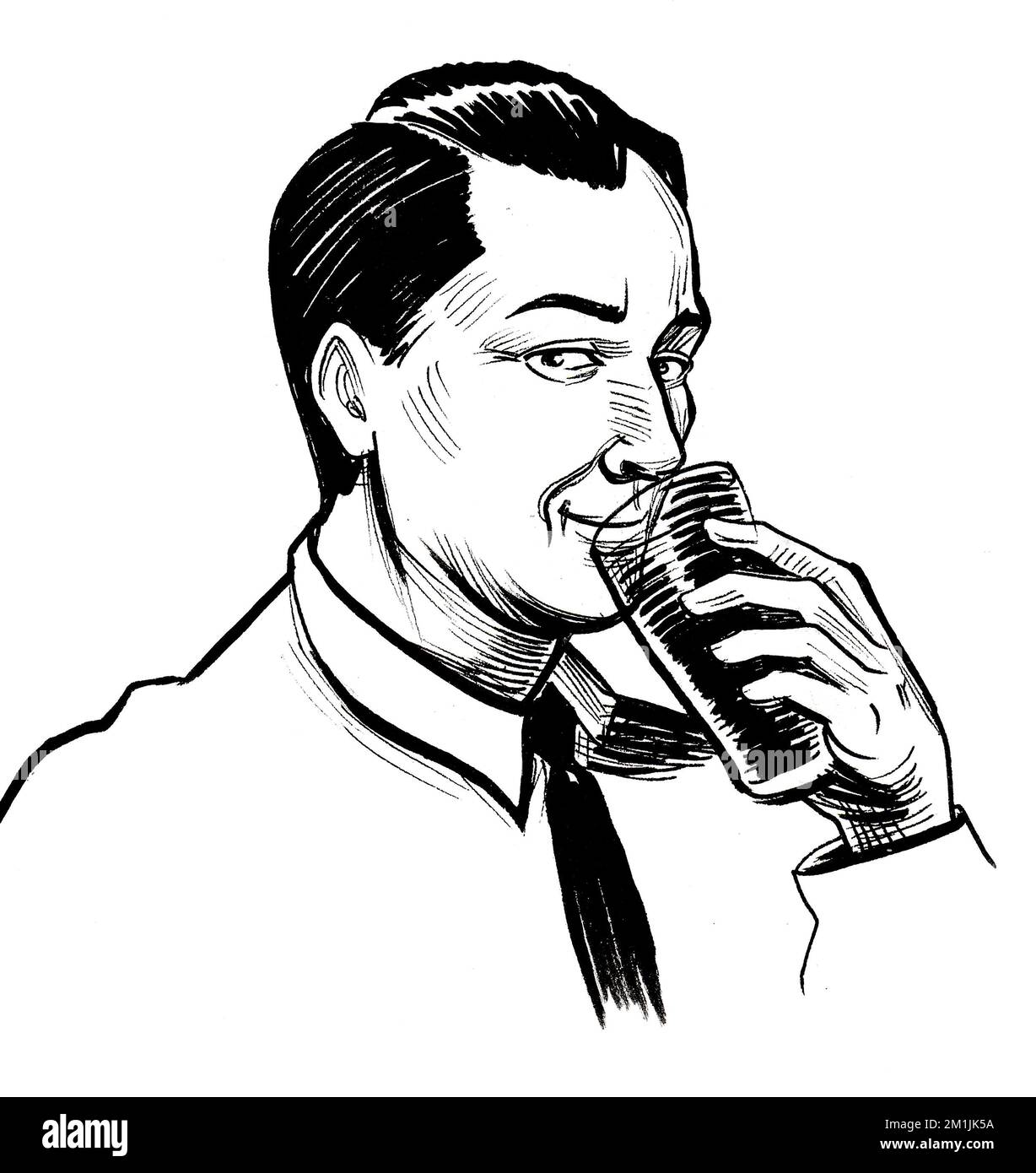 Happy man drinking a glass of beer. Ink black and white drawing Stock ...